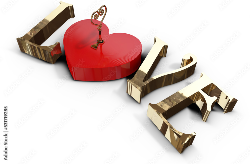 Image of love text in 3d gold metal letters and red heart shaped box ...