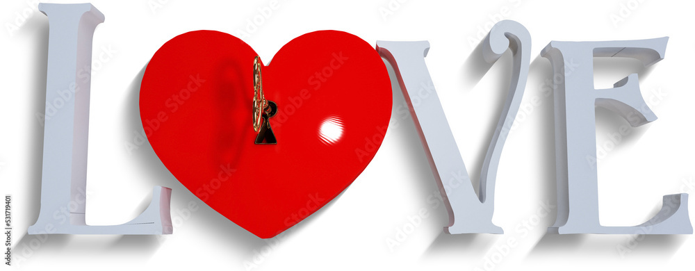 Image of love text in silver metal letters and red heart shaped box ...