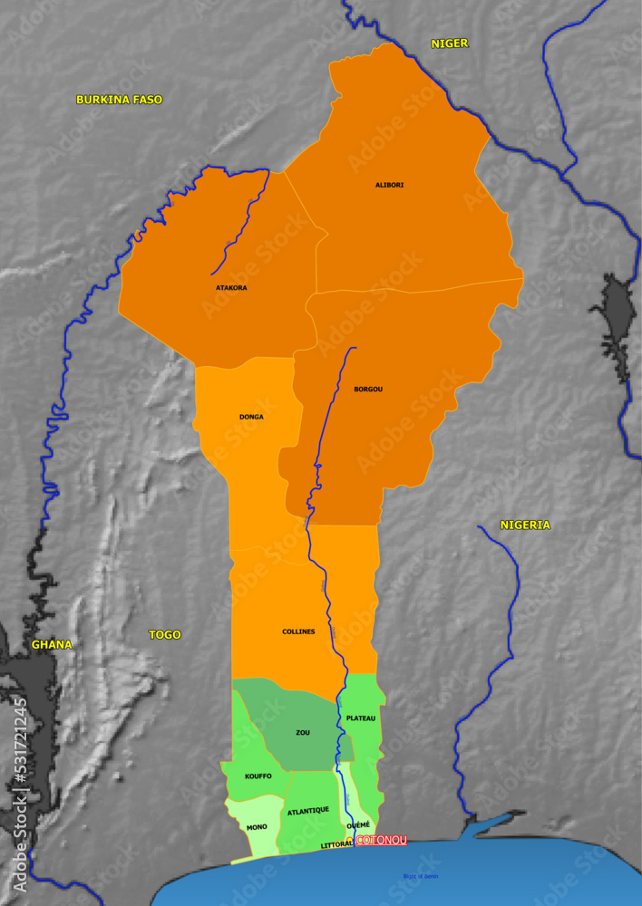 Administrative and political colored vector Map of Benin with colourful ...