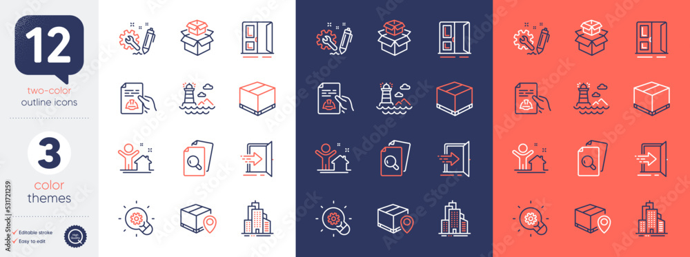 Set of New house, Packing boxes and Delivery box line icons. Include Entrance, Open door ...