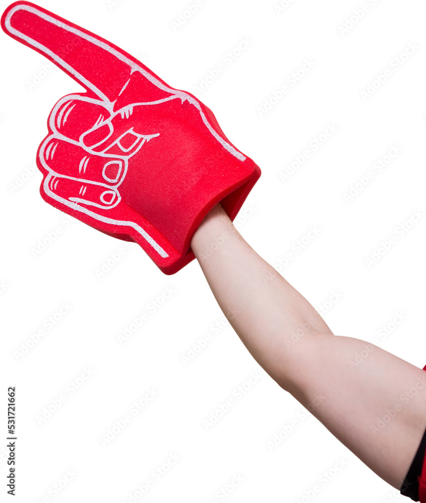 Image of hand of caucasian man with giant red foam finger pointing up ...