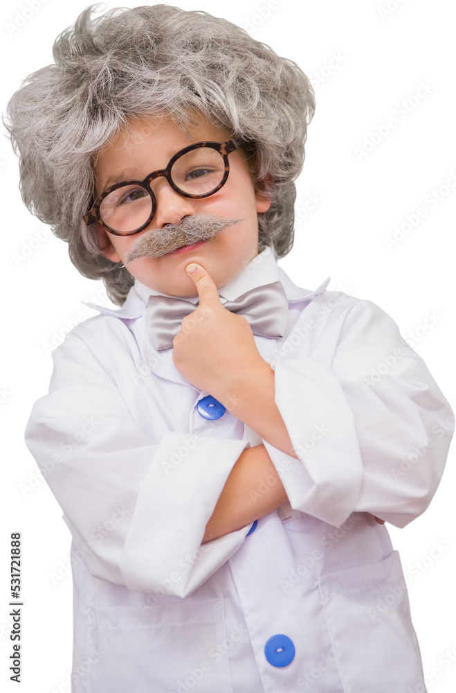 Image of caucasian boy wearing lab coat, sunglasses and wig dressed as ...