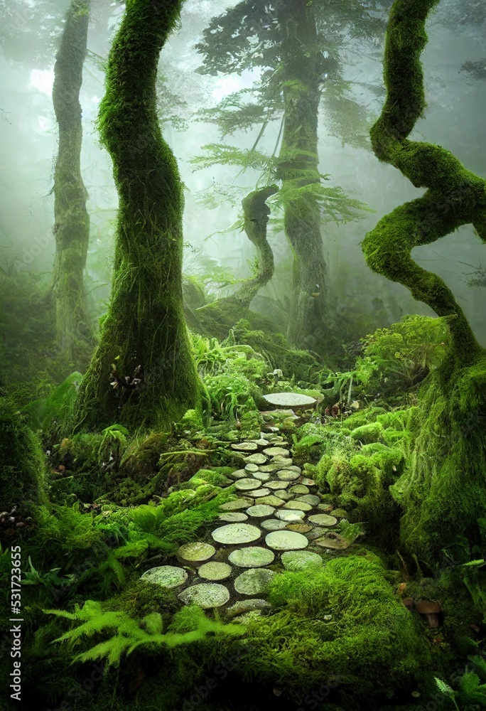 Vertical AI-generated painting of a beautiful forest with moss and ...