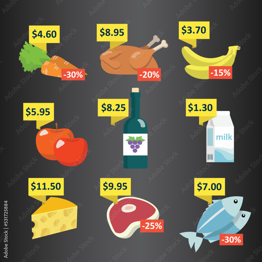 Supermarket food and drink selection icons set with price tags and ...