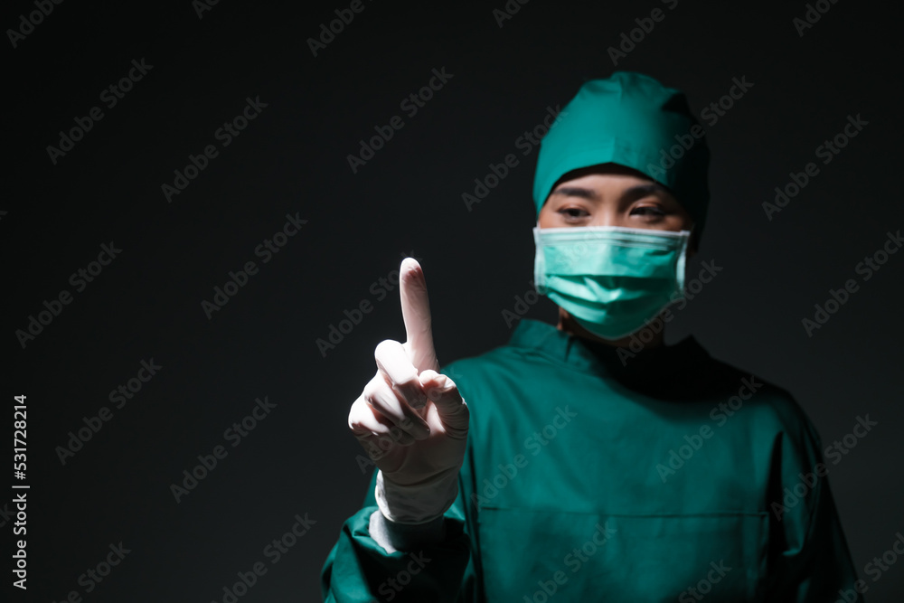 Female doctor surgeon finger interaction mockup gesture wearing scrub ...