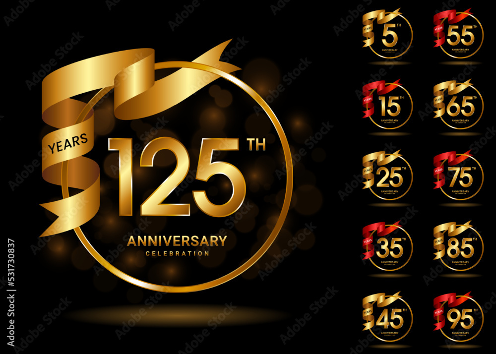 Set of anniversary logotype with gold and red ribbon. Golden ...