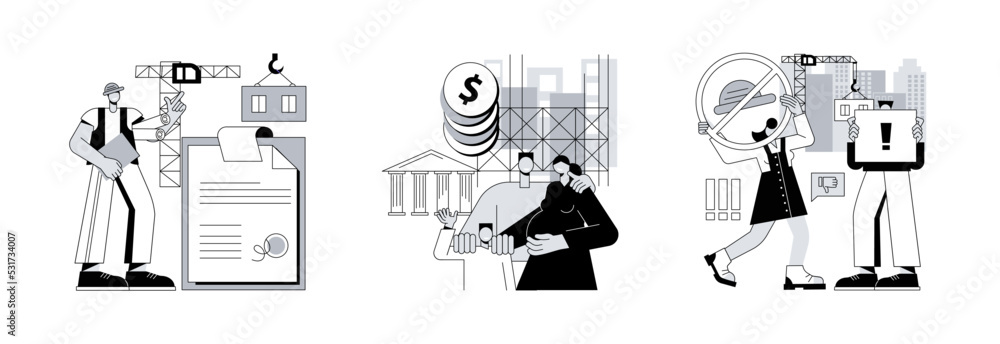 Construction permit abstract concept vector illustration set. Building ...