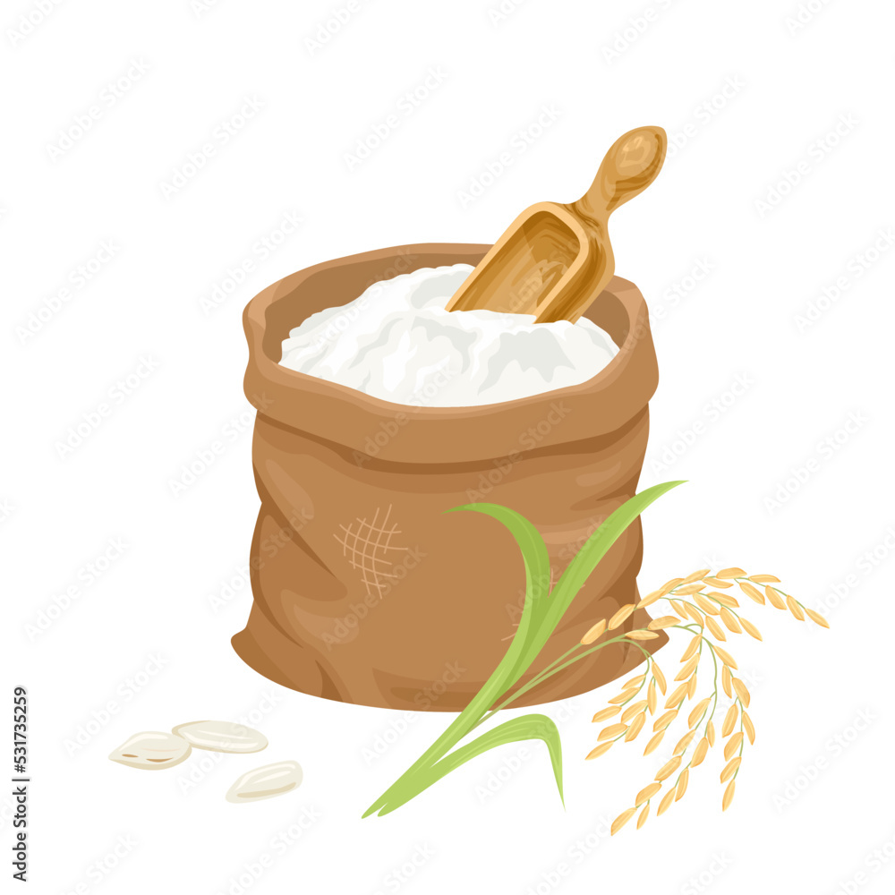Sack with rice flour, plant and scoop isolated on white background ...