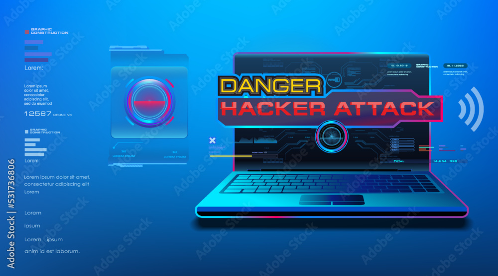 Attention! Attack. Danger for your computer. Laptop with hacking danger ...