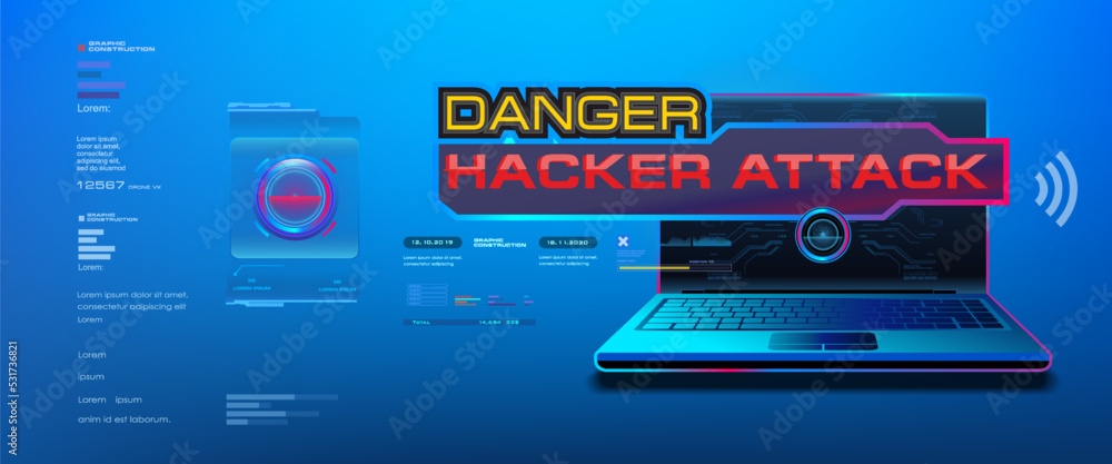 PC Cyberattack. Laptop with hacking danger screen. Hacker attack on ...