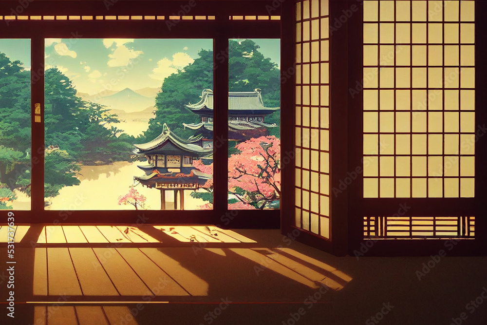 Fantasy japanese shrine with windows view torii outside. 3d render ...