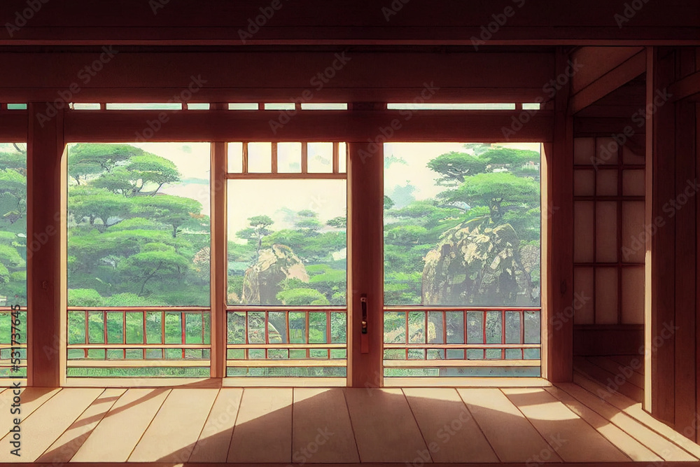 Fantasy japanese shrine with windows view torii outside. 3d render ...