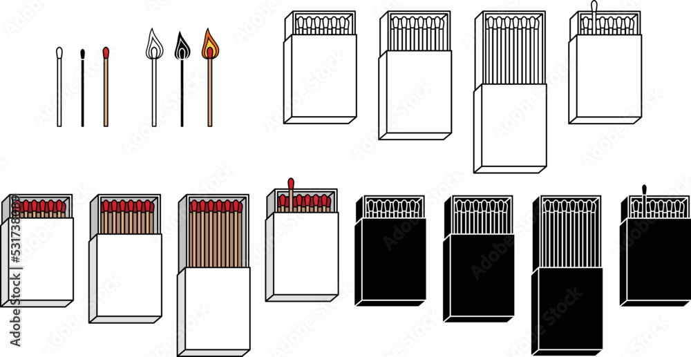 Matches and Matchbox in Perspective Clipart Set - Outline, Silhouette ...