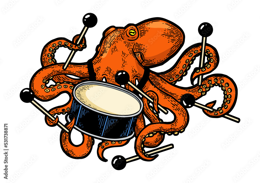 Octopus playing drum color sketch PNG illustration with transparent ...
