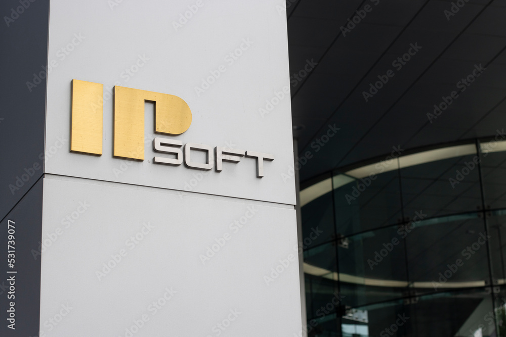 New York, NY, USA - July 7, 2022: IPsoft logo is seen at the entrance ...