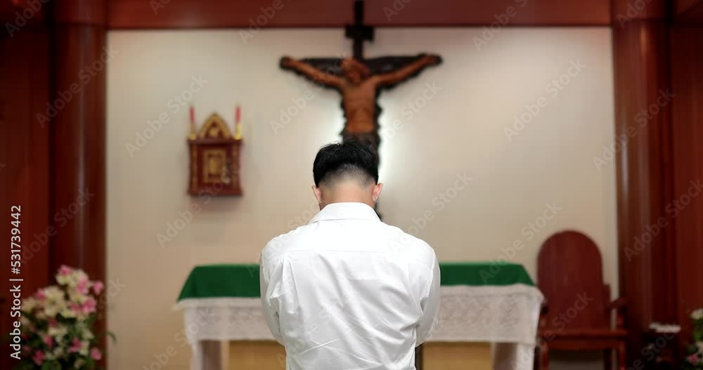 Asian man beard wearing whith shirt christian praying for blessings ...