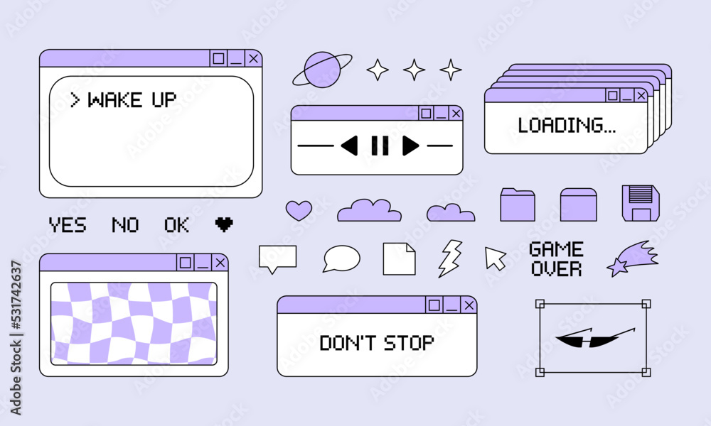 Set of retro digital screen user interface in y2k, 90s, 00s style. Old ...