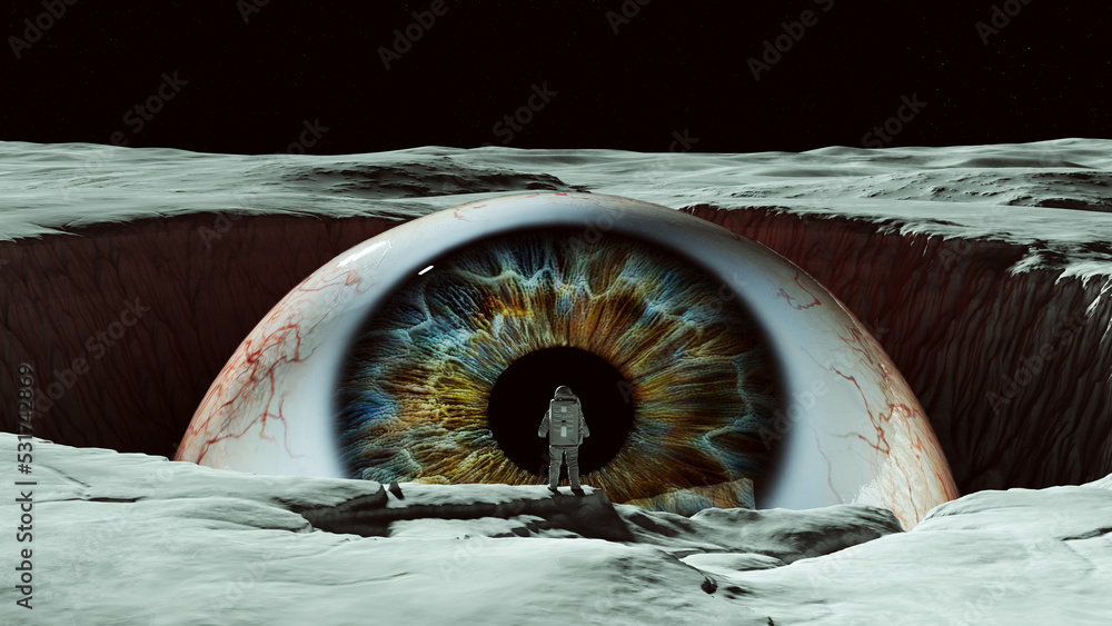 Giant Eyeball Looking on the Moon with an Astronaut Spaceman Spacewoman ...