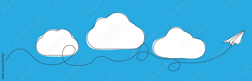 single line drawing of clouds in sky with paper plane, line art vector ...