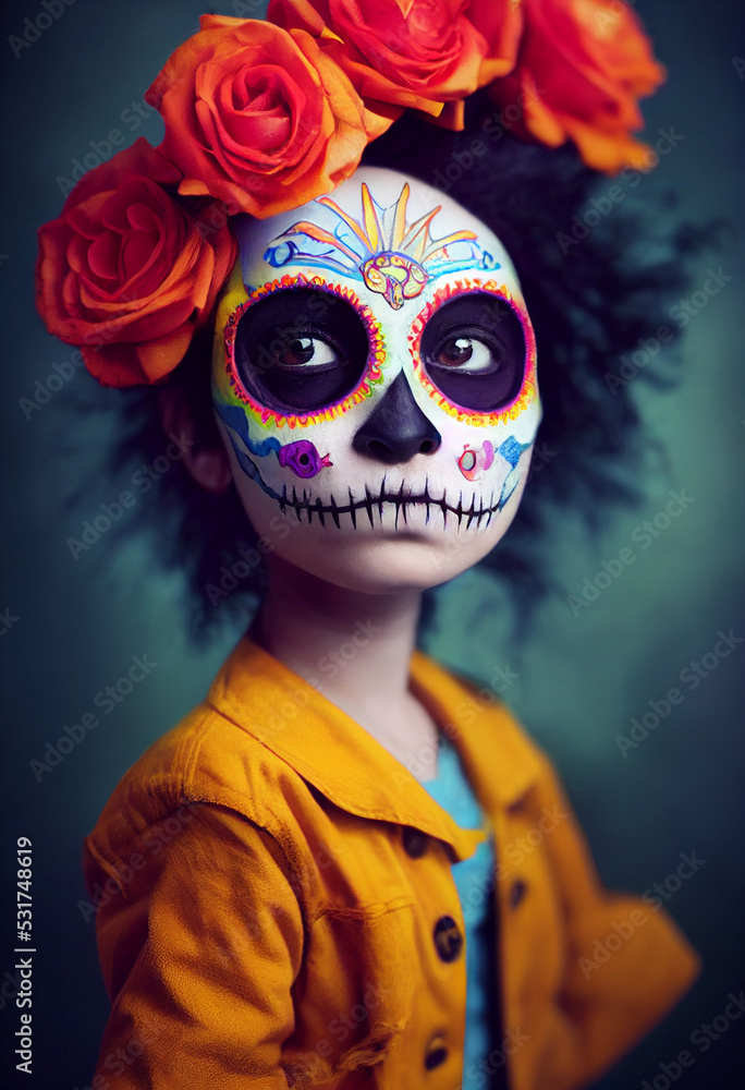 Pixar Style Tiny cute girl with black curly hair and scary face paint ...