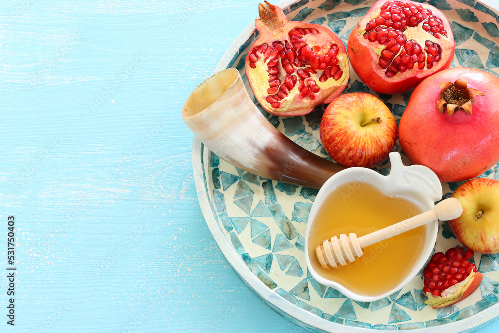 Rosh hashanah (jewish New Year holiday) concept. Traditional symbols ...