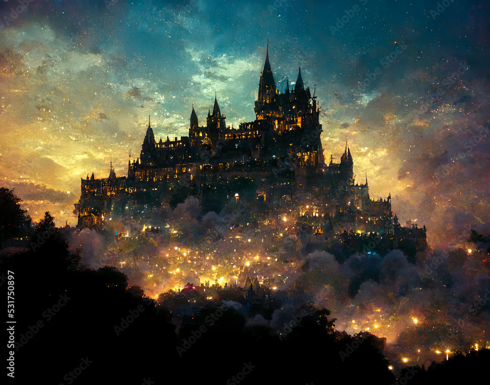 Beautiful magical medieval castle lit at dusk with lights all around ...