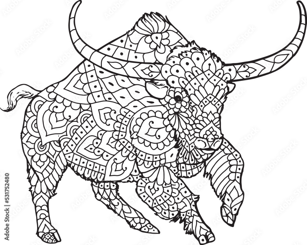 Animal Mandala Buffalo Coloring Page For Adult Coloring Book. Hand ...