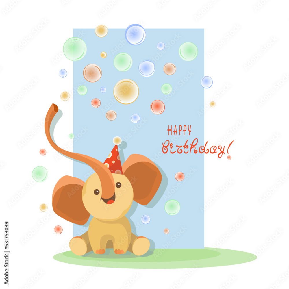 Cute elephant. Happy birthday greeting card. Vector hand drawn ...