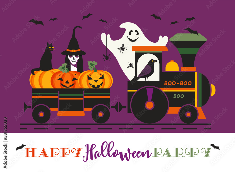 Happy Halloween holiday party funny train vector poster. Cute comic ...