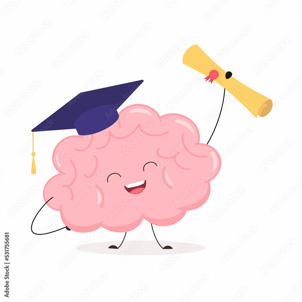Cute brain in graduation cap with diploma. Kawaii funny human brain ...
