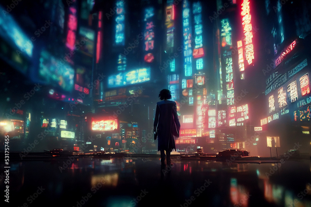Concept art illustration of cityscape of asian cyberpunk city at night ...
