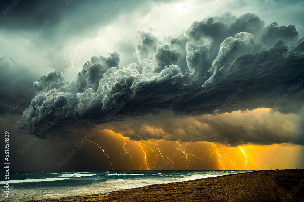 Hard storm weve in the sea art illustration. Tsunami born landscape ...