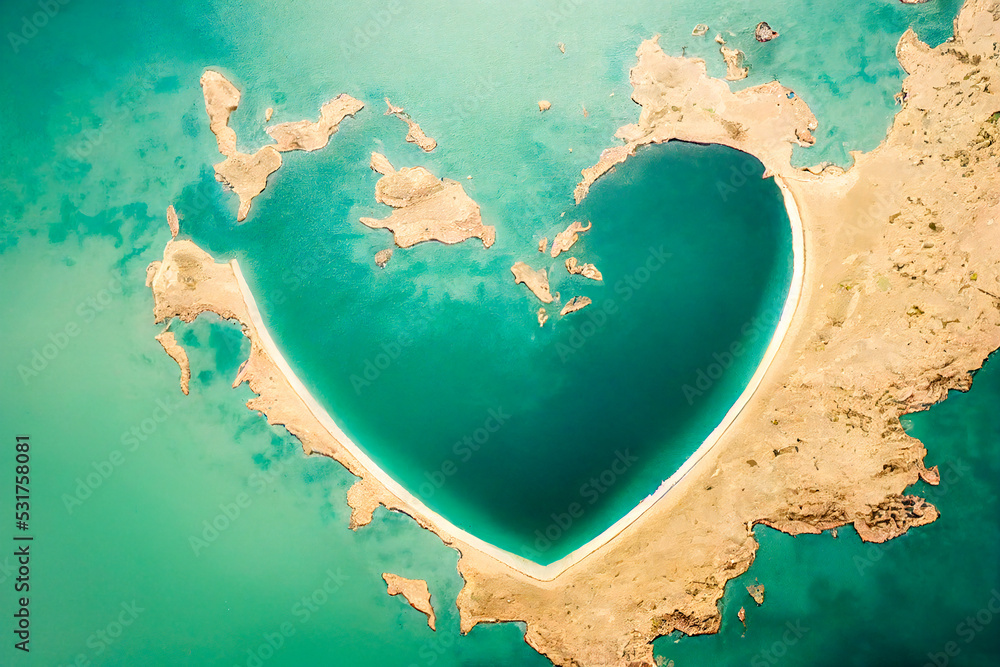 Island reef in heart symbol, aerial view. Illustration of geart lake in ...