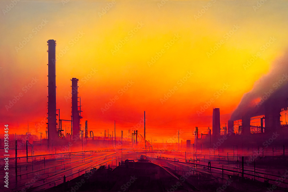 Landscape of pollution in city, polluted factory over smog in the air and nature. Industry issue ...