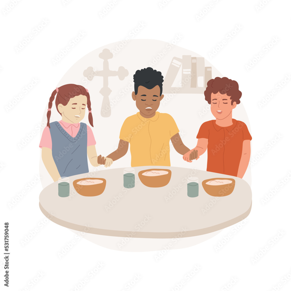 Teaching to pray isolated cartoon vector illustration. Child thanking ...