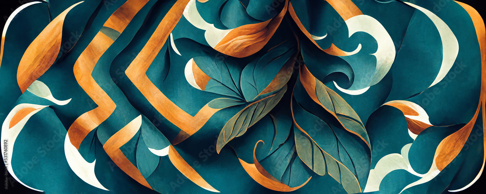 Pastel art nouveau pattern of cyan and orange vegetation in a seamless ...