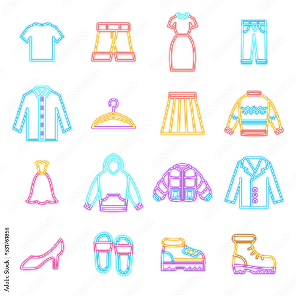 Clothes Neon Icons Isolated. llustration of Glowing Bright Led Lamp ...
