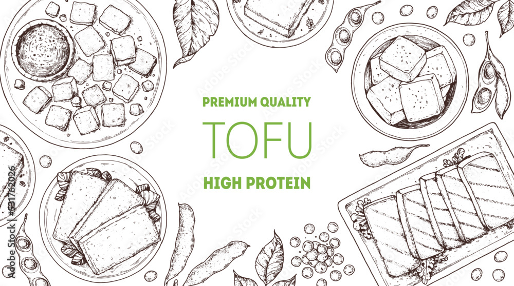 Tofu top view frame. Hand drawn vector illustration. Tofu sketch. Asian ...