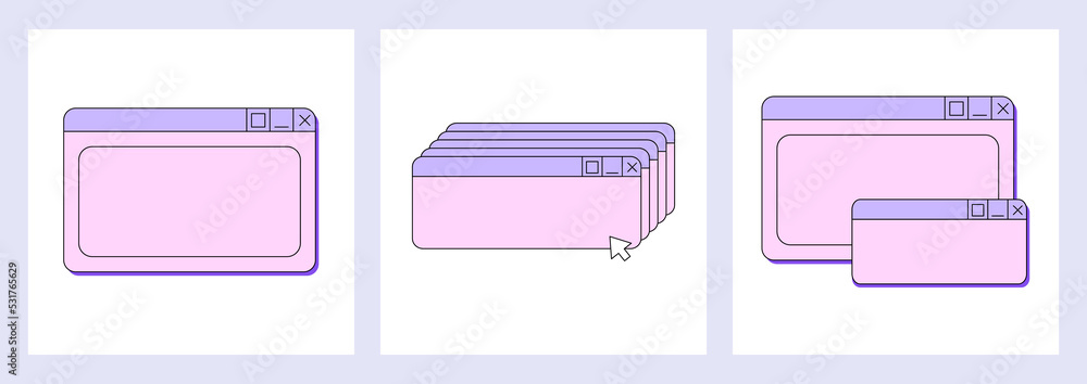 Vetor de Set of social media posts with user interface in retrowave ...