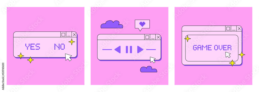 Set of social media posts with user interface in retrowave aesthetic ...