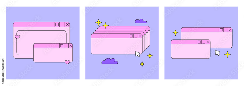 Set of social media posts with user interface in retrowave aesthetic ...