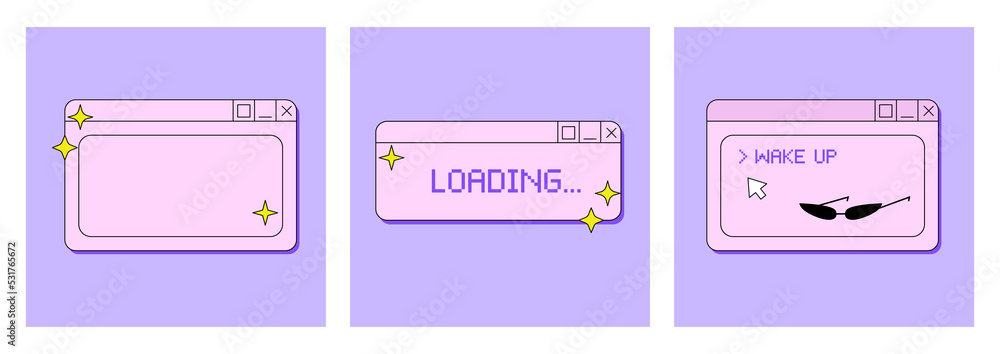 Set of social media posts with user interface in retrowave aesthetic ...