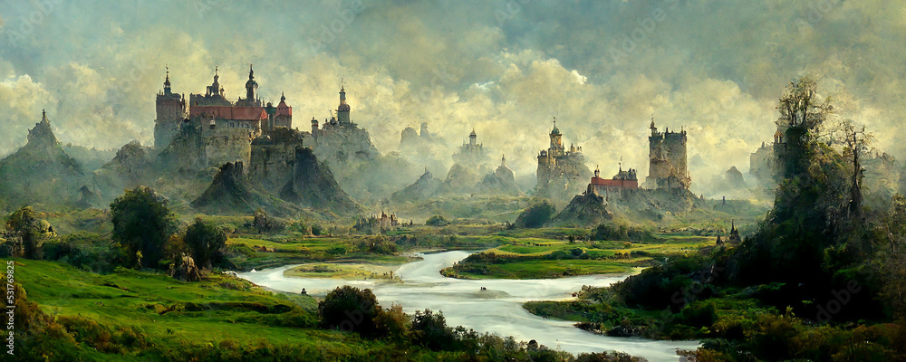 Digital medieval landscape painting stronghold castle among hills and ...
