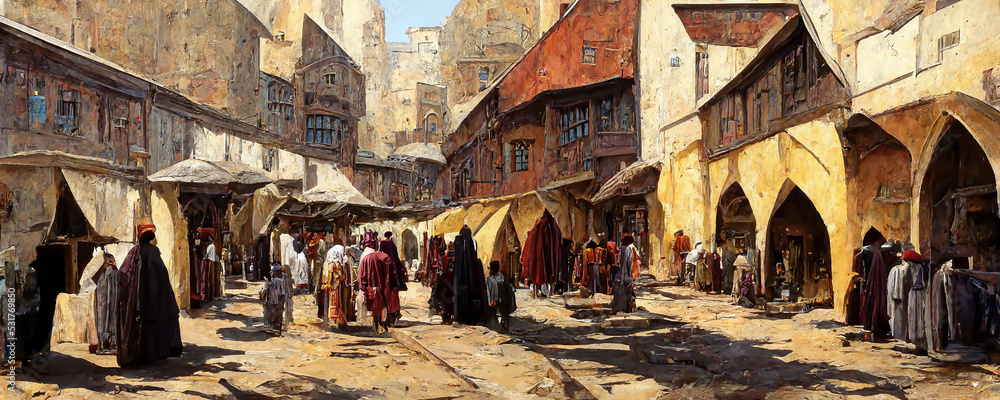 Medieval arabic town, market square painting with crowds of people ...