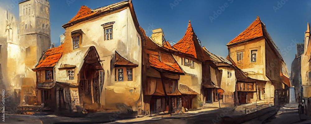 Digital painting of a medieval town. Gouache art of a historic town ...