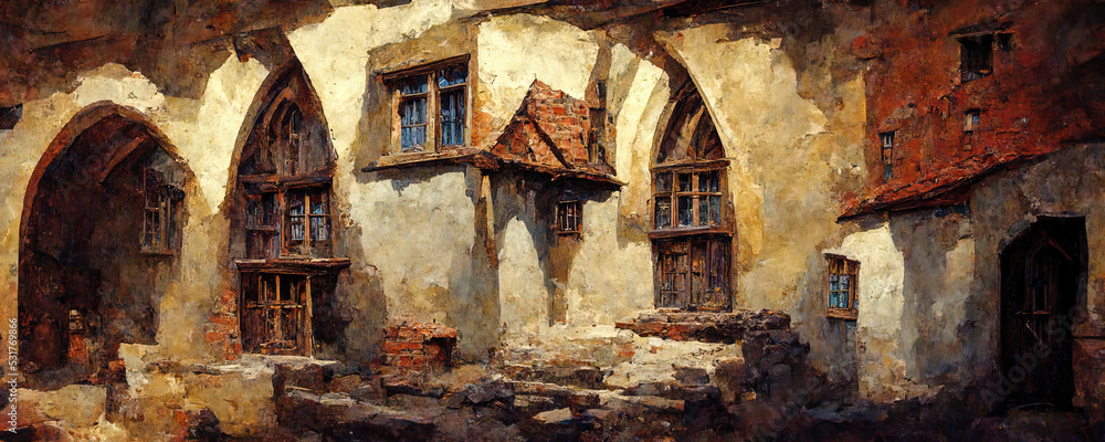 Illustration of ancient architectural building on a medieval street ...