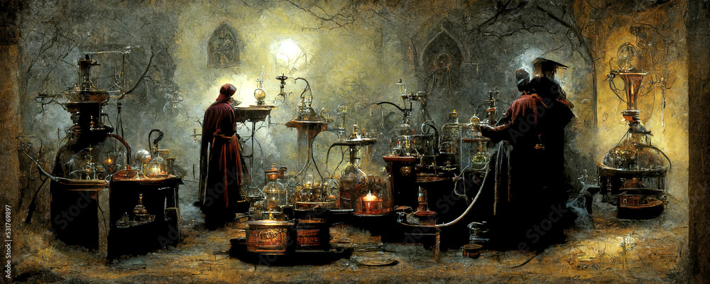 Medieval alchemists featured in a historic painting artwork. Mixing ...
