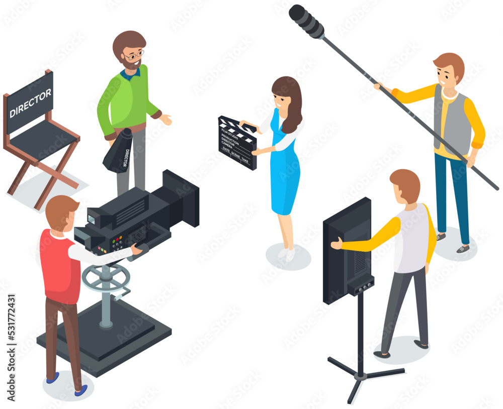 Filming starts, clap with movie clapper before new scene. Process of ...