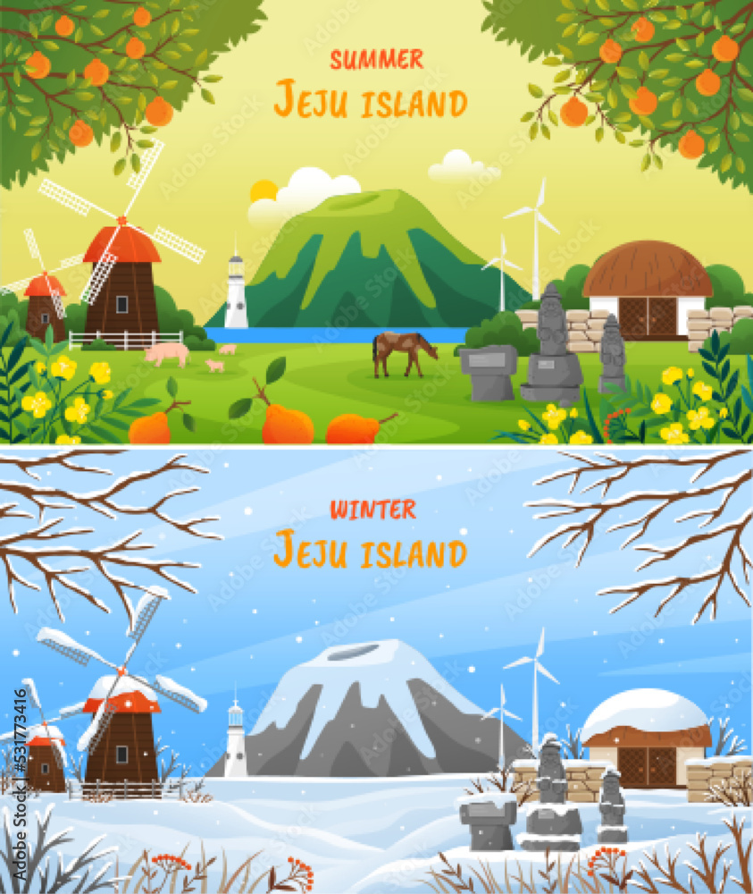 Welcome to Jeju island in South Korea postcard, banner. Tourist place ...