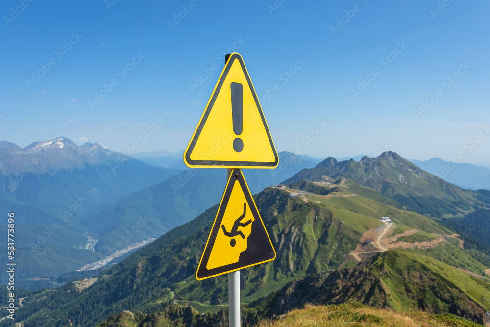 Sign man falling from a height, danger of falling from a cliff ...